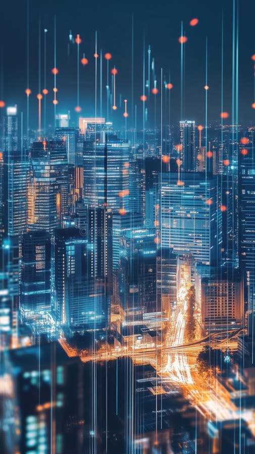 Futuristic City Skyline Illuminated at Night with Data Visualization ...
