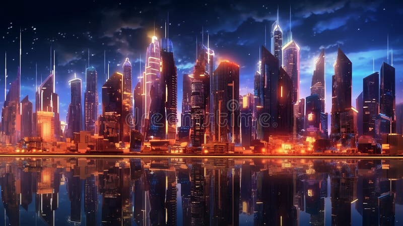 Futuristic City Skyline Illuminated by Night Lights Stock Illustration ...