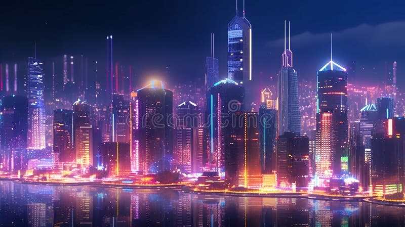 Futuristic City Skyline Illuminated by Night Lights Stock Illustration ...