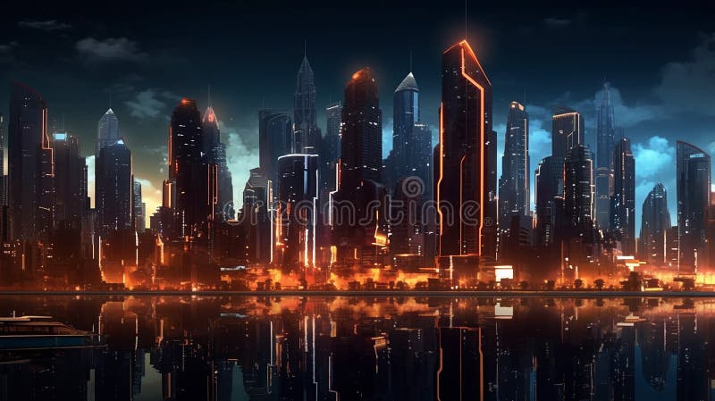 Futuristic City Skyline Illuminated by Night Lights Stock Illustration ...