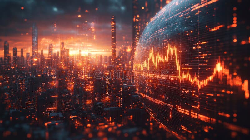 Futuristic City Skyline Illuminated by Sunset with Vibrant Data ...
