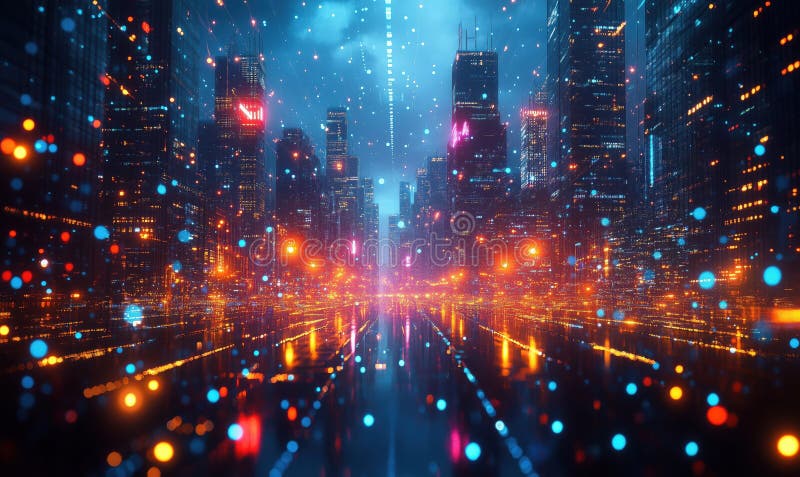 Futuristic City Skyline Illuminated by Vibrant Lights and Digital ...