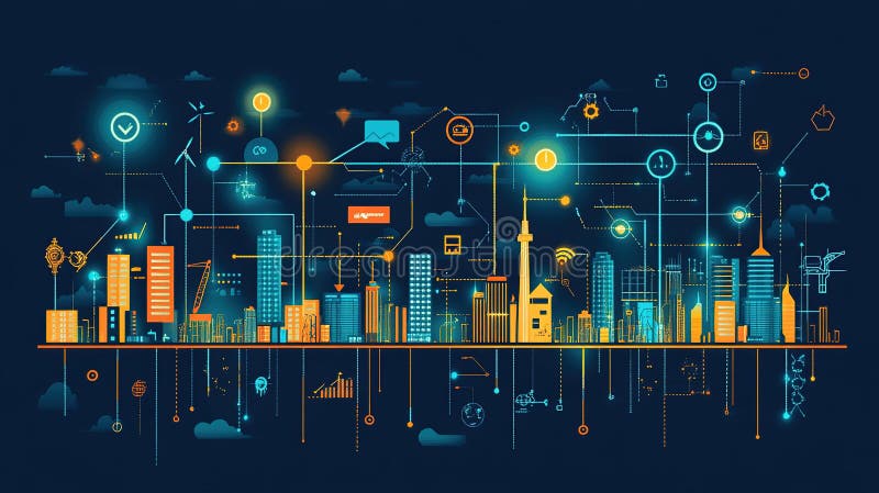 Futuristic City Skyline Interconnected by Digital Network, Showcasing ...