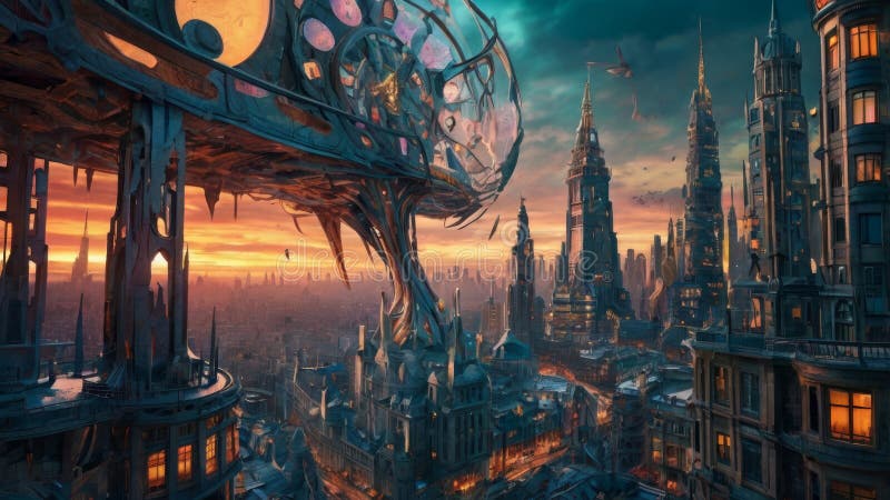 A Futuristic City Skyline with a Large Glowing Structure in the ...