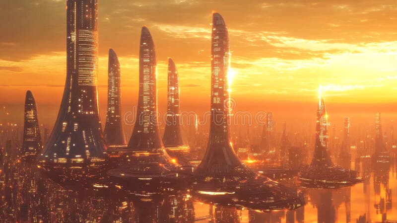 Futuristic Skyline Mars City Illuminated Sunset Vibrant Architecture ...