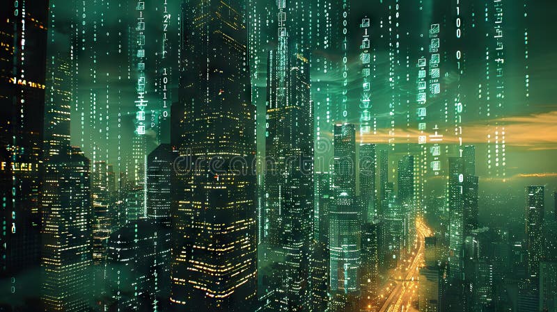 Futuristic City Skyline Merging with Digital Code, Symbolizing Business ...
