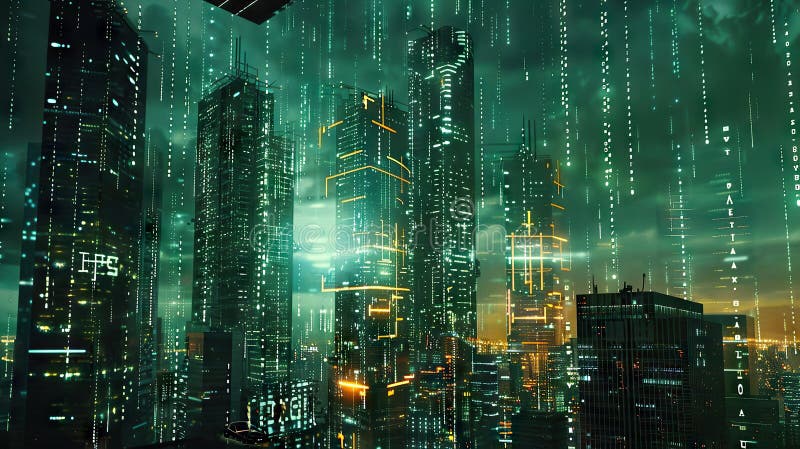 Futuristic City Skyline Merging with Digital Code, Symbolizing Business ...