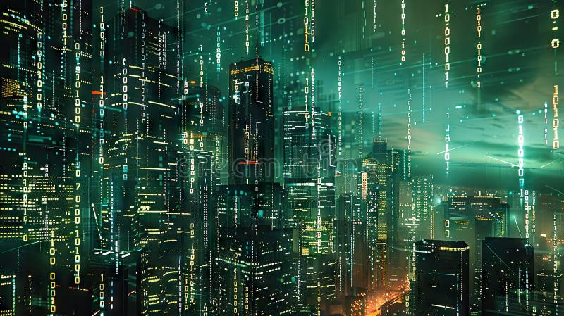 Futuristic City Skyline Merging with Digital Code, Symbolizing Business ...