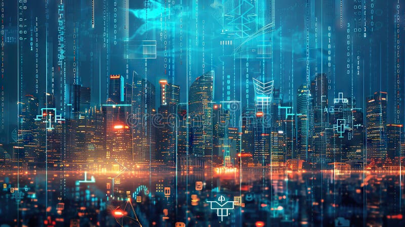 Futuristic City Skyline Merging with Digital Code, Symbolizing Business ...