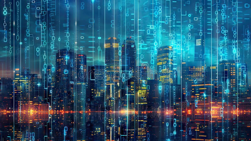 Futuristic City Skyline Merging with Digital Code, Symbolizing Business ...