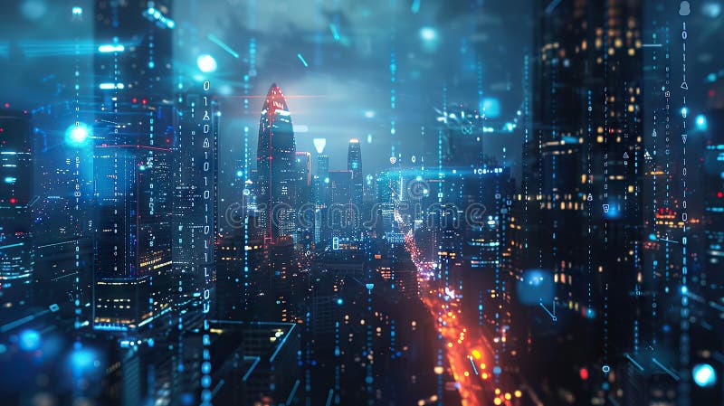 Futuristic City Skyline Merging with Digital Code, Symbolizing Business ...