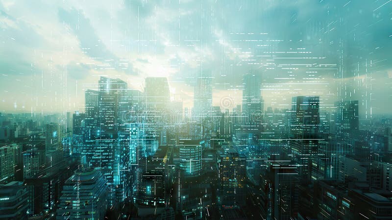 Futuristic City Skyline Merging with Digital Code, Symbolizing Business ...