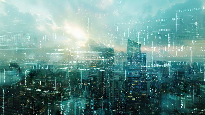 Futuristic City Skyline Merging with Digital Code, Symbolizing Business ...
