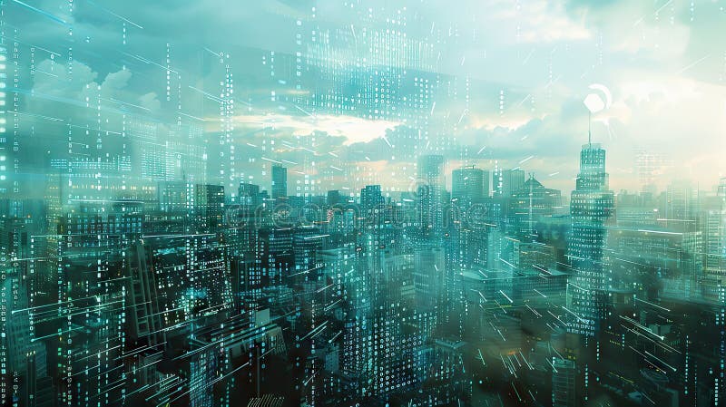 Futuristic City Skyline Merging with Digital Code, Symbolizing Business ...