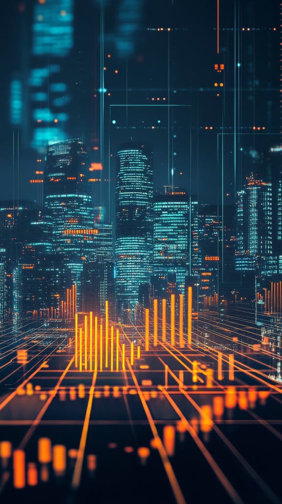 Futuristic City Skyline with Neon Data Visualization and Financial ...