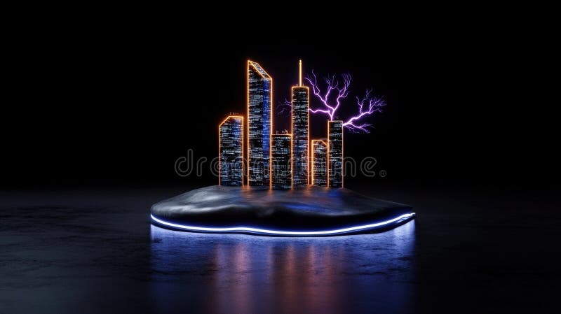 Futuristic City Skyline with Neon Lights and Abstract Lightning Effects ...