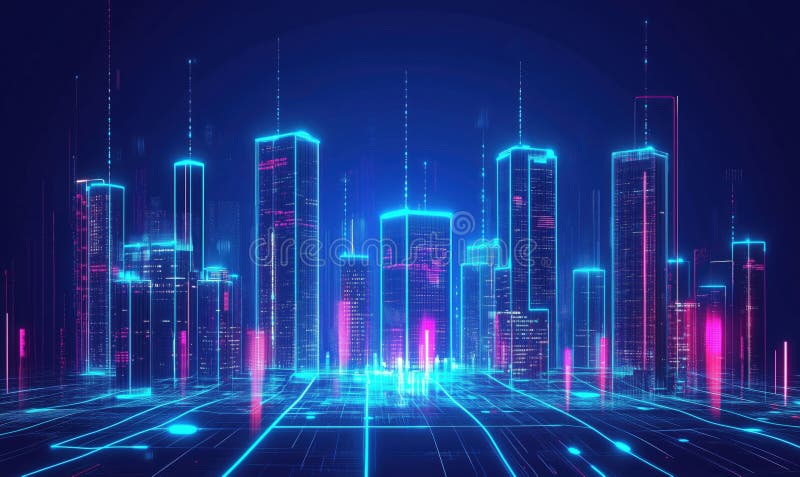 Futuristic City Skyline with Neon Lights and Digital Elements ...