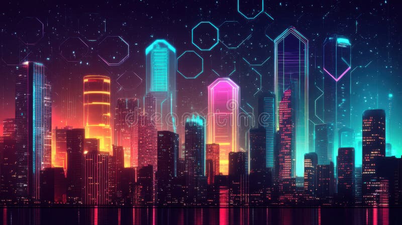 Futuristic City Skyline with Neon Lights and Geometric Patterns at ...