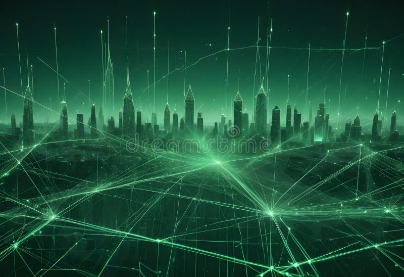 Futuristic City Skyline with a Network of Glowing Green Lines and Dots ...