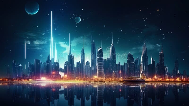 Futuristic City Skyline in the Night Stock Illustration - Illustration ...
