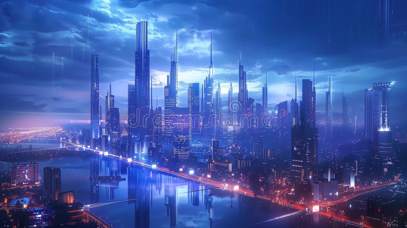 Futuristic City Skyline at Night Stock Illustration - Illustration of ...