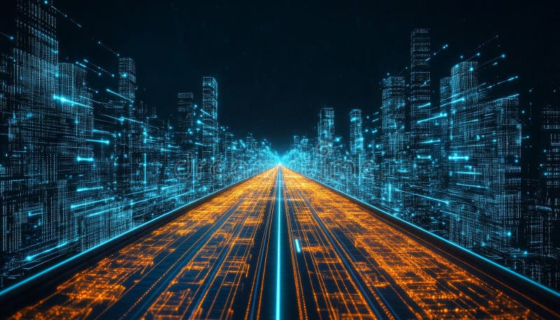 Futuristic City Skyline at Night with Digital Data Flow on a Road ...
