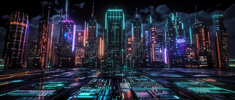 FUTURISTIC CITY SKYLINE at NIGHT with GLOWING LIGHTS and DIGITAL GROUND ...