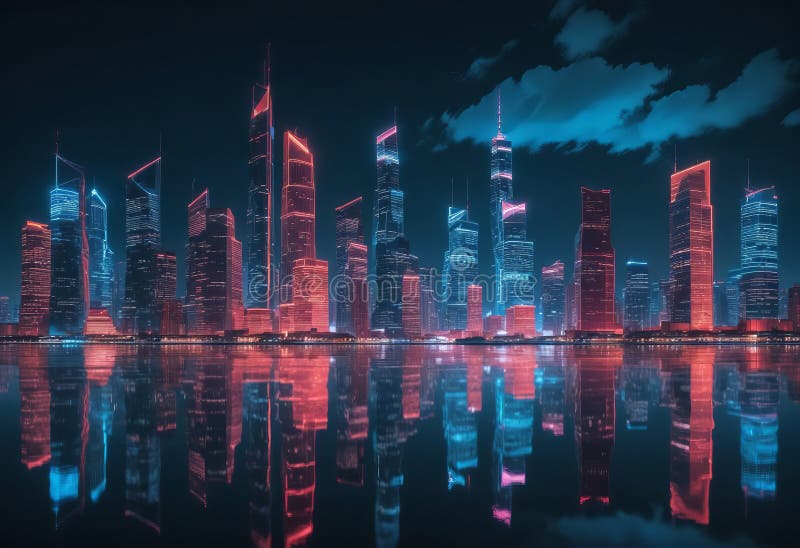 A Futuristic City Skyline at Night with Glowing Skyscrapers Stock ...
