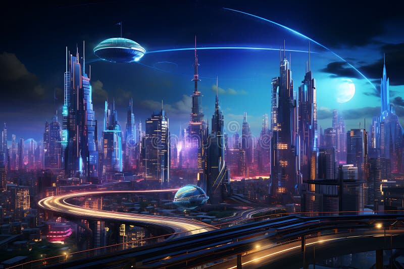 Futuristic City Skyline at Night with Reflection in Water Stock ...