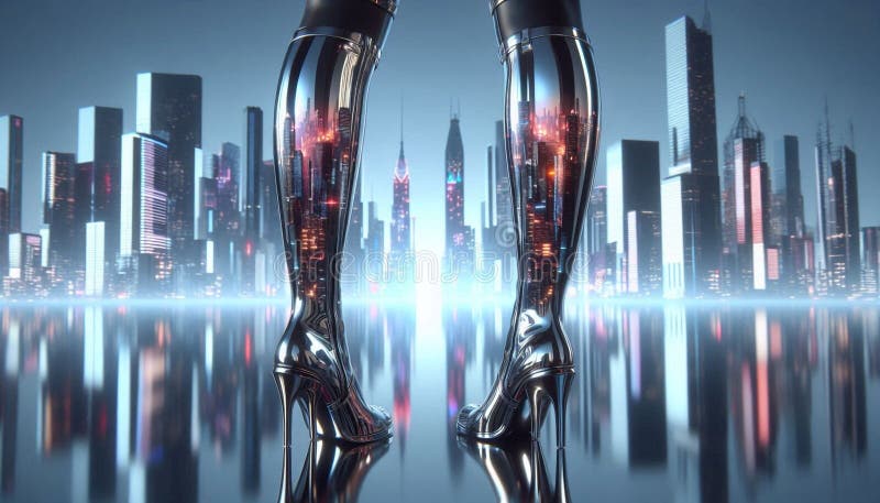 Futuristic City Skyline Reflected in Chrome Thigh-high Boots. Stock ...
