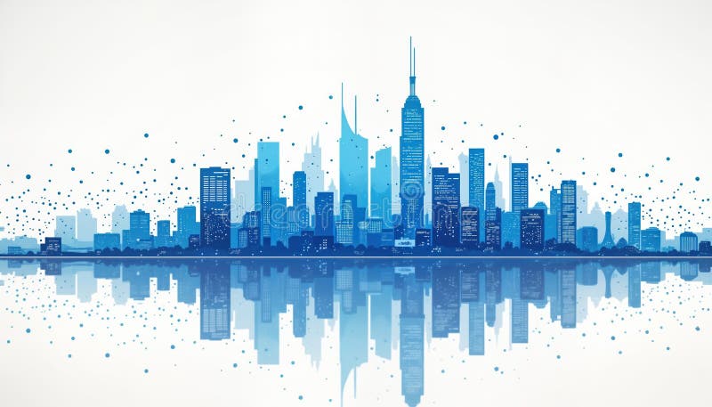 Futuristic City Skyline Reflected in Water. Techy Neon Blue Design ...