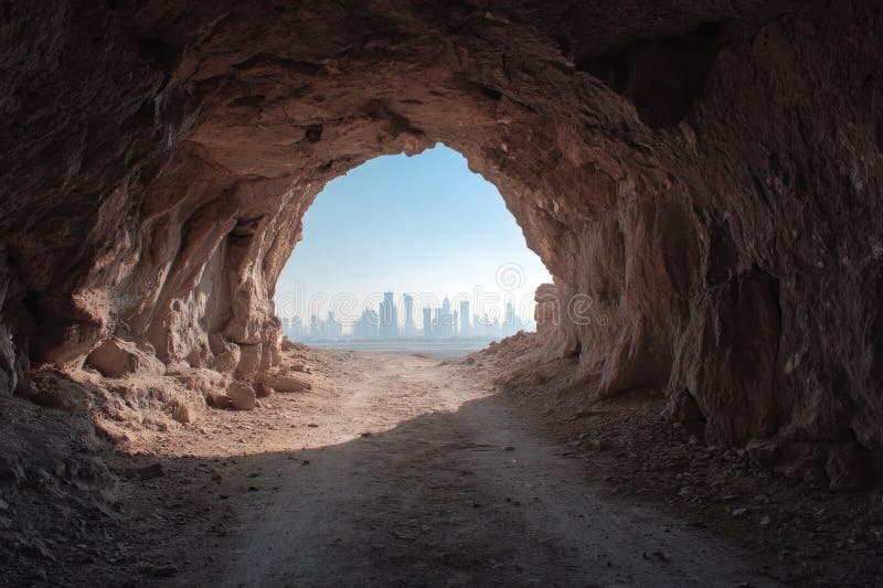 City Skyline Seen from Cave Entrance with Dirt Path Stock Image - Image ...