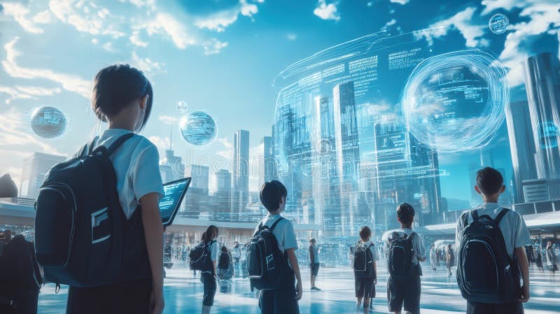 Futuristic City Skyline with Students Looking Up in Awe of Technology ...