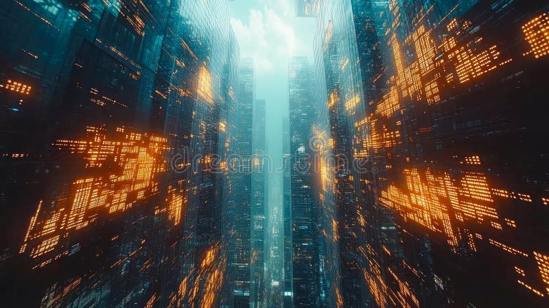 Futuristic City Skyline at Sunset with Digital Data Overlays and ...