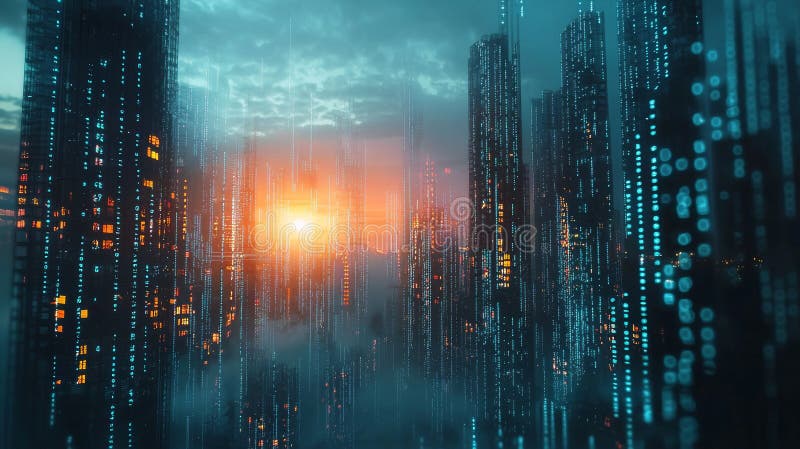 Futuristic City Skyline at Sunset with Digital Overlay and Glowing ...