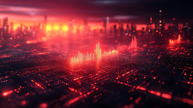 Futuristic City Skyline at Sunset, Digital Rendering with Red Glowing ...