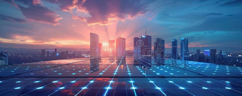Futuristic City Skyline at Sunset with Illuminated Rooftop Grid Stock ...