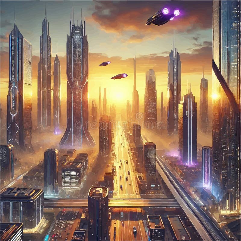 Futuristic City Skyline at Sunset with Neon Lights, Advanced Technology ...