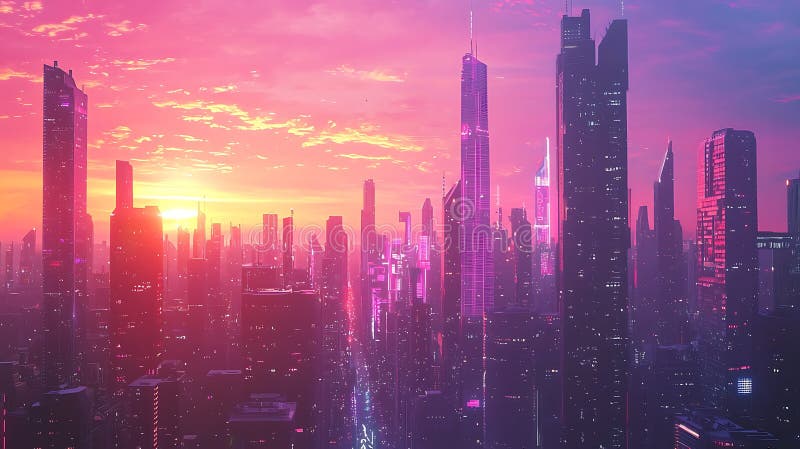 Futuristic City Skyline at Sunset with Vibrant Colors Stock ...
