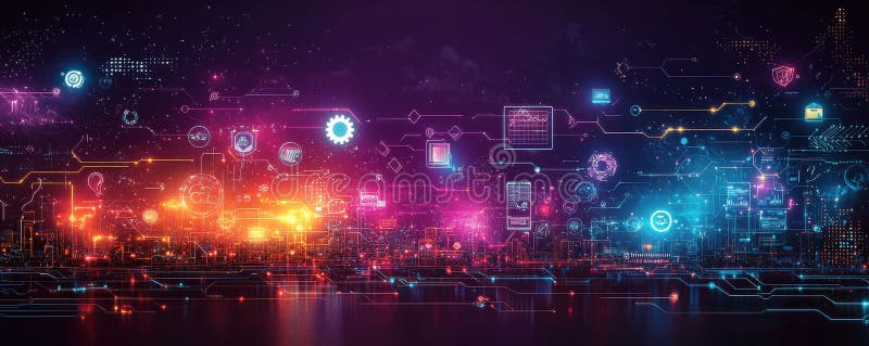 Futuristic City Skyline with Technology Elements and Digital ...