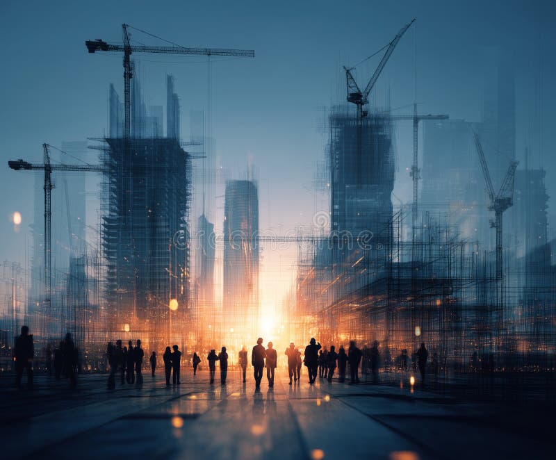 Futuristic City Skyline Under Construction at Sunset, Showcasing ...