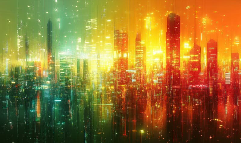 Futuristic City Skyline with Vibrant Colors and Digital Effects at ...