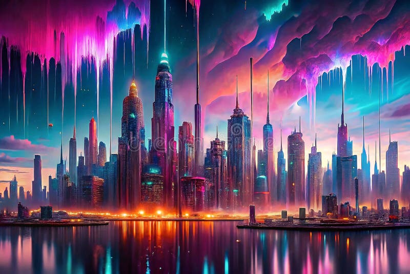 Futuristic City Skyline, Vibrant Colors, Dripping Neon, Sunset ...