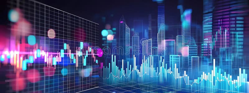Futuristic City Skyline with Vibrant Data Visualization Stock ...