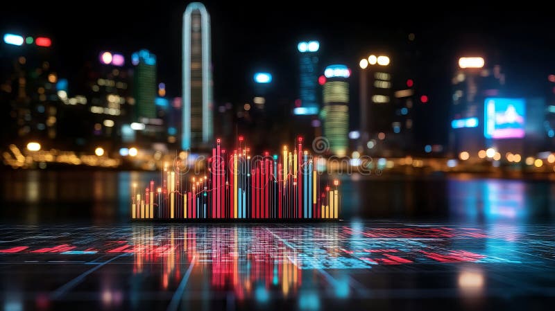 Futuristic City Skyline with Vibrant Data Visualization and Reflections ...