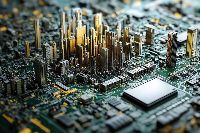 Futuristic City with Skyscrapers on Modern Circuit Board Stock ...