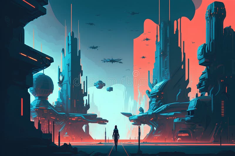 Futuristic City with Skyscrapers and People. Vector Illustration Stock ...