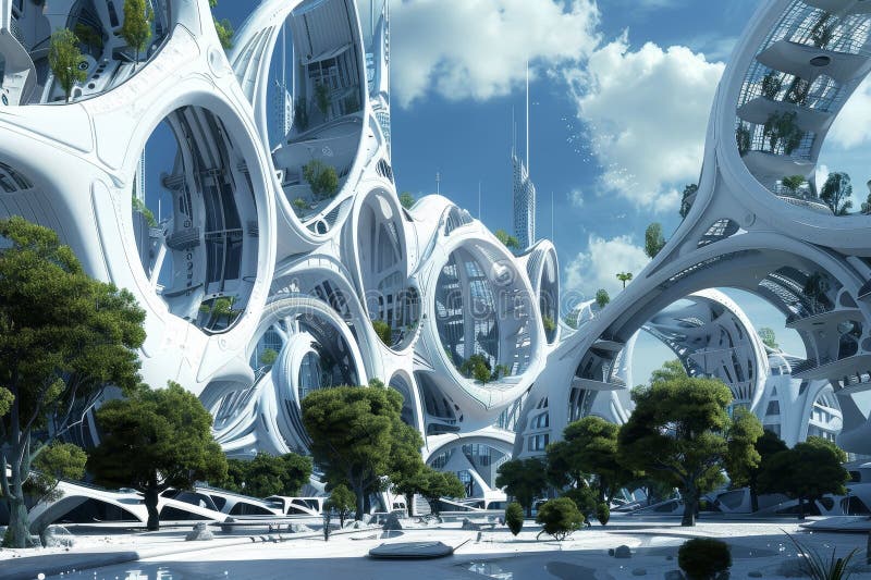 A Futuristic City with Sleek White Buildings and Trees, Blending Modern ...