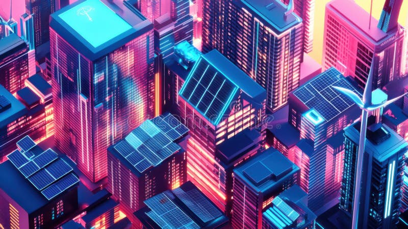 Futuristic City with Solar Panel in Neon Light Stock Illustration ...