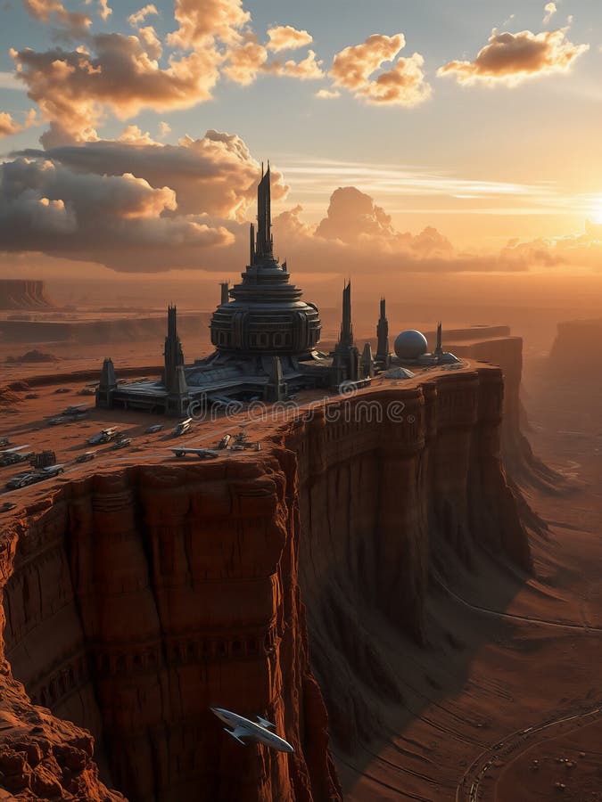 Futuristic City and Space Base in the Desert, Sunset in the Sky with ...